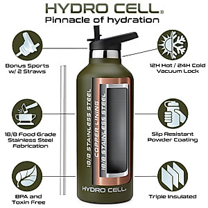 HYDRO CELL Stainless Steel Water Bottle with Straw & 2 Standard Mouth Lids (32oz 24oz 20oz 16oz) Keeps Liquids Hot or Cold w/Double Wall Vacuum Insulated Leak Proof Sport Design (Army 32oz)