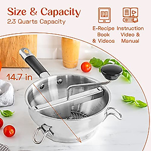 Food Mill Stainless Steel With 3 Discs - Best Rotary Food Mills For Tomato Sauce, Potatoes, Baby Food or Canning - Soft Silicone Handle and Dishwasher Safe - Includes 21 Digital Recipes with Videos