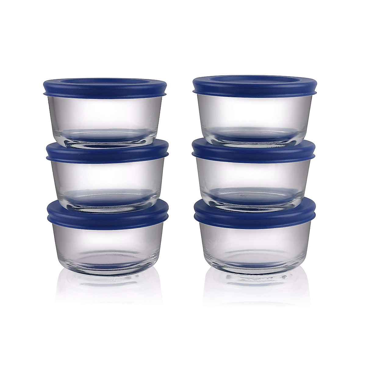 BOVADO USA 1 Cup Glass Food Storage Containers (6 Pack) | Nonpourous Dishwasher, Freezer & Oven Safe Glass, Easy-Clean | Blue Lids
