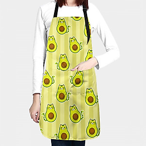 Cute Avocado Cat Aprons Kawaii Animal and Fruit Cooking Kitchen Bib Apron for Women Men with 2 Pockets and Adjustable Neck Strap and Waterproof Stain Resistant Polyester Summer Apron