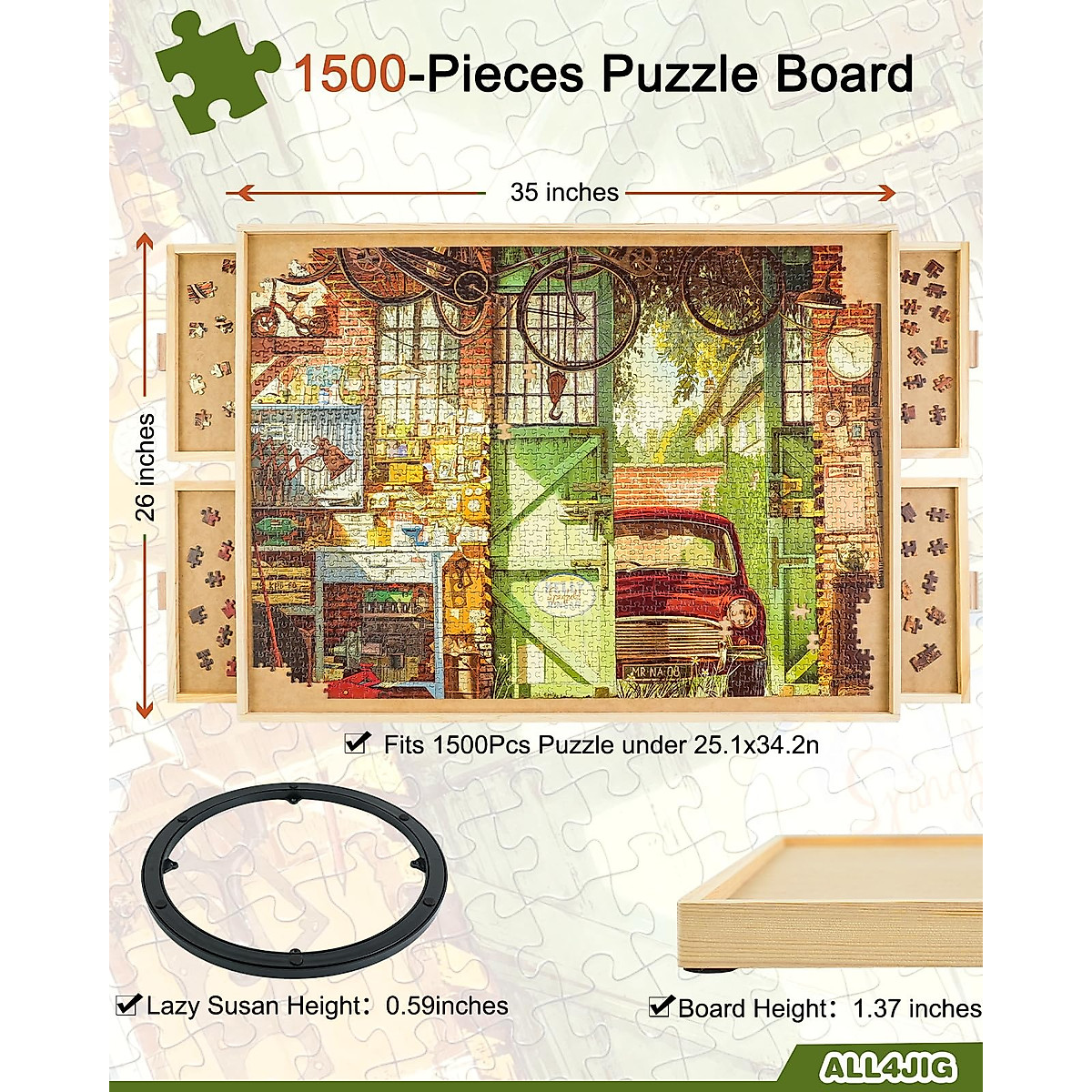 ALL4JIG 1500 Piece Rotating Puzzle Board with Drawers and Cover,26"x35"Portable Wooden Jigsaw Puzzle Table for Adults Portable,Lazy Susan Spinning Puzzle Boards Birthday Gift for mom