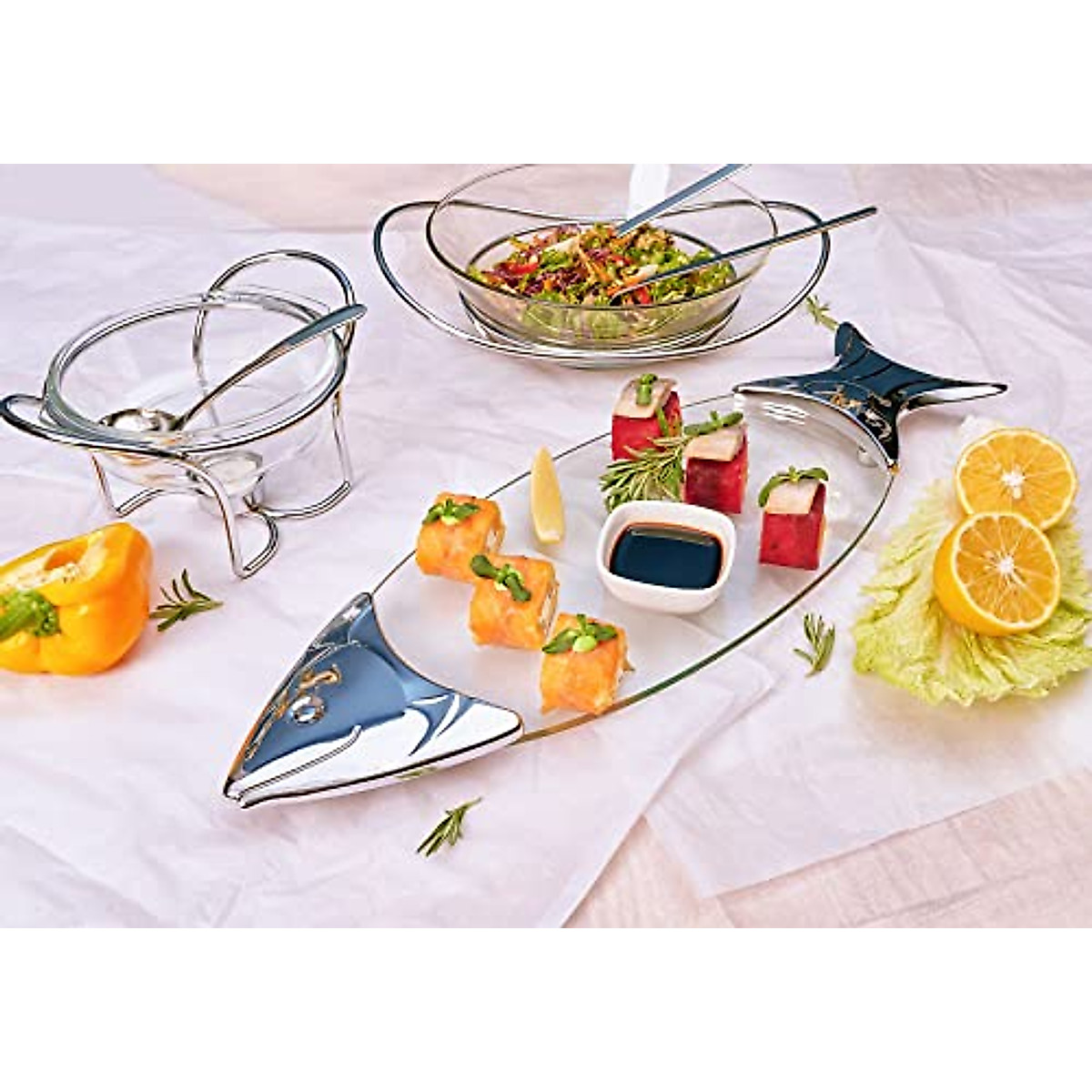 Rigeli Regent Chromeplated Salmon Glass Serving Tray Serving Platter Fish/Sushi Platter Food Trays, Fish Plate Glass+ Stainless Steel