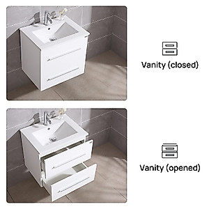 wonline 24" White Wall Mounted Bathroom Vanity Set Two Drawers Storage Cabinet with Ceramic Vessel Sink and Mirror Combo Chrome Faucet