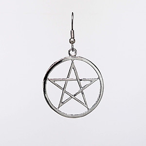 Pagan Wiccan Pentagram Pentacle Silver Finish Dangle Earrings