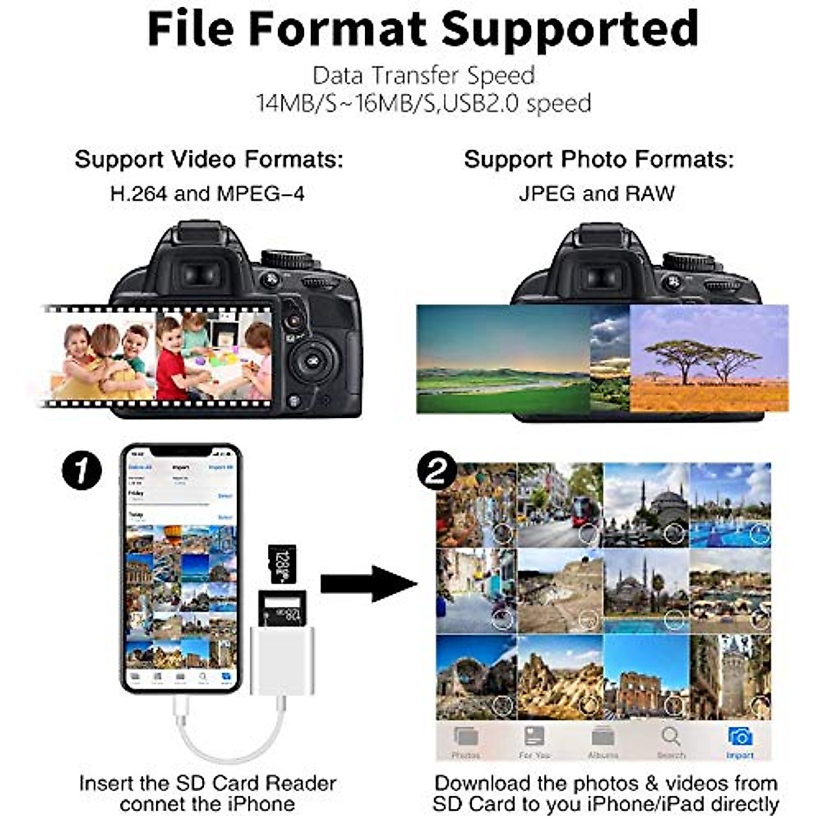 2 in 1 Lightning to SD Card Reader for iPhone, [Apple MFi Certified] Dual Slot Micro SD TF Trail Game Camera Memory Card Reader Adapter, Quickly Transfer Photos Videos Plug and Play