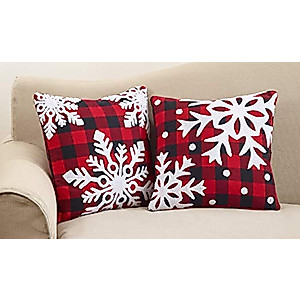 SARO LIFESTYLE La Neige Collection 100% Cotton Buffalo Plaid Snowflake Pillow with Down Filling, 18"