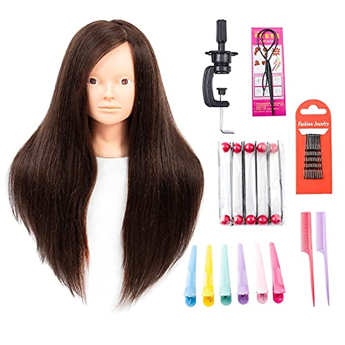 NAYOO Long Hair Mannequin Head With Real Hair 60% Training Head Hairdresser Practice Styling Manikin Head Cosmetology Doll Head Straight Hair with 7 Tools and Stable Clamp Stand (26inch No makeup, 4#)