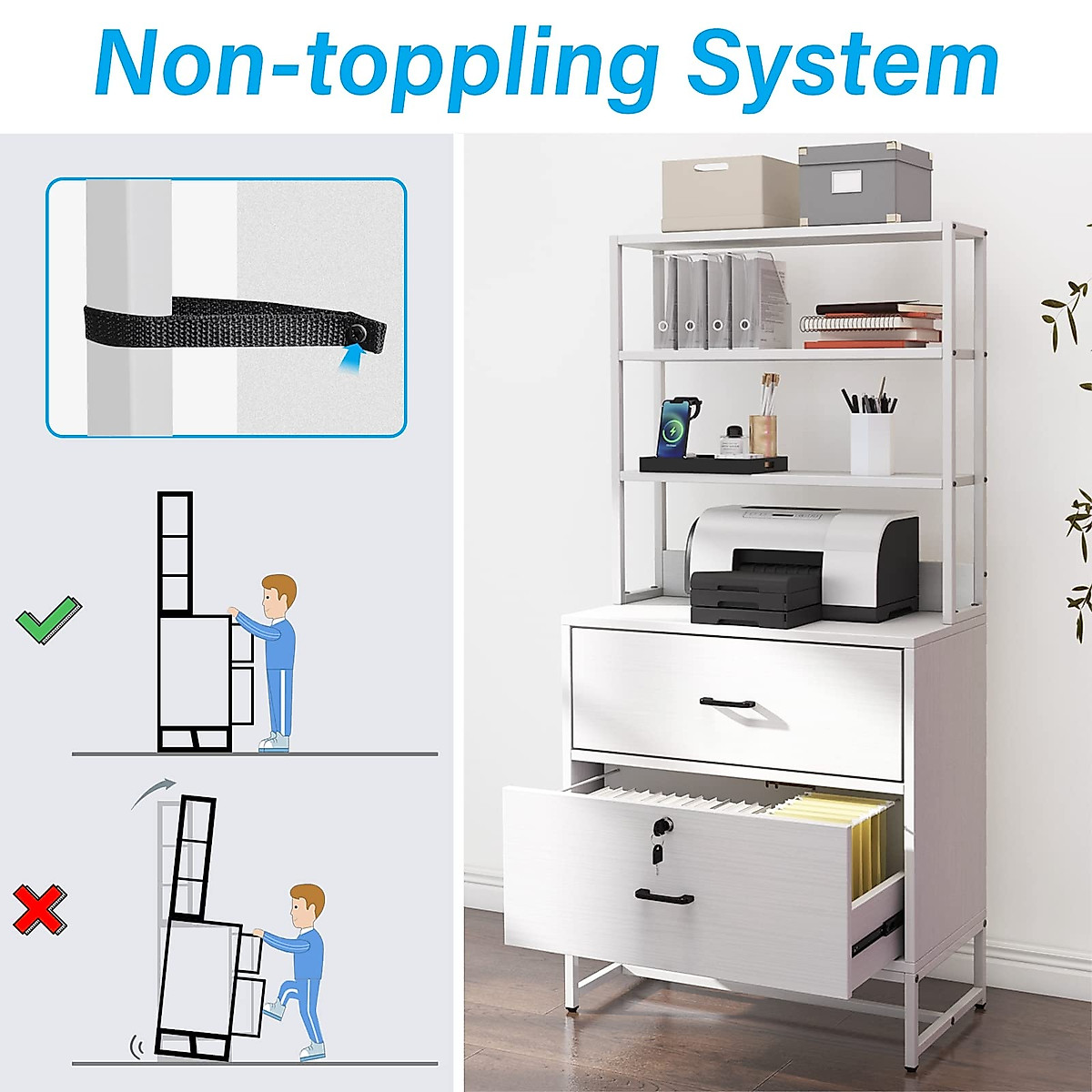Jehiatek File Cabinets for Home Office with Lock 2 Drawer, Large Vertical Filing Cabinet with Bookshelf, Sturdy, Durable, Easy to Assemble and Clean (White), 25.59'D x 15.75'W x 62'H
