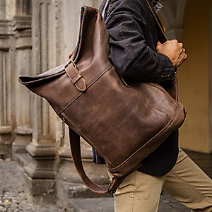 Hide & Drink, Roll Top Backpack Handmade From Full Grain Leather and Plaid Cotton - Vintage Style Rucksack - With Adjustable Shoulder Straps - Bourbon Brown