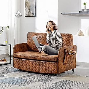 Antetek Sleeper Sofa Bed, 46-inch Faux Leather Loveseat Sleeper Sofa Couch with Pull-Out Bed, Small Love seat Sofa Single Bed with a Detachable Side Pocket for Living Room, Office, Coffee