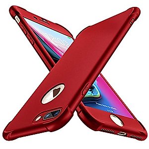 ORETECH Designed Case with [2 x Tempered Glass Screen Protector] 360° Full Body Hard PC Silicone Case for iPhone 7 Plus iPhone 8 Plus 5.5inch -Red