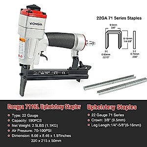 Dongya 7116L Pneumatic Upholstery Stapler with Long Nose, 22 Gauge 3/8'' Crown, 1/4''to 5/8'' 3/8'' Length Fine Wire Crown Stapler, Air Power Staple Gun for Furniture & Wood & Upholstering