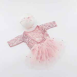 Pink Lace Newborn Photography Outfits Girl Newborn Photography Props Pearl Lace Rompers Newborn Girl Lace Romper Photoshoot Outfits Baby Photo Props (Long Sleeve, Pink, 0-2Months)