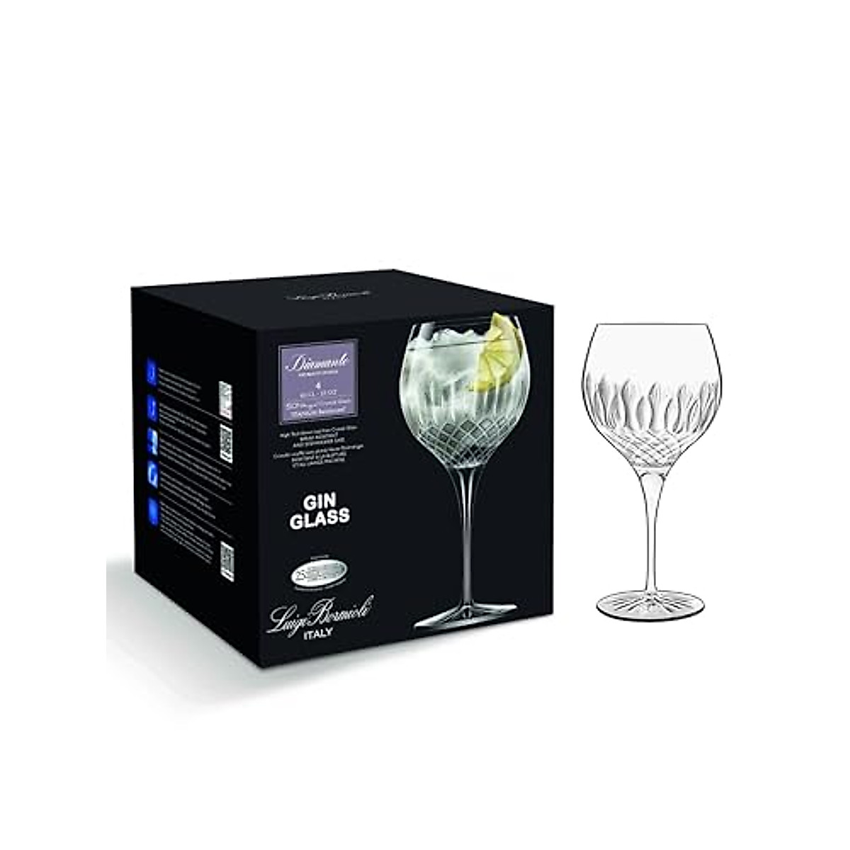 Luigi Bormioli Diamonte 22 oz, Set of 4 All Purpose Balloon Stem, 650ml, Clear