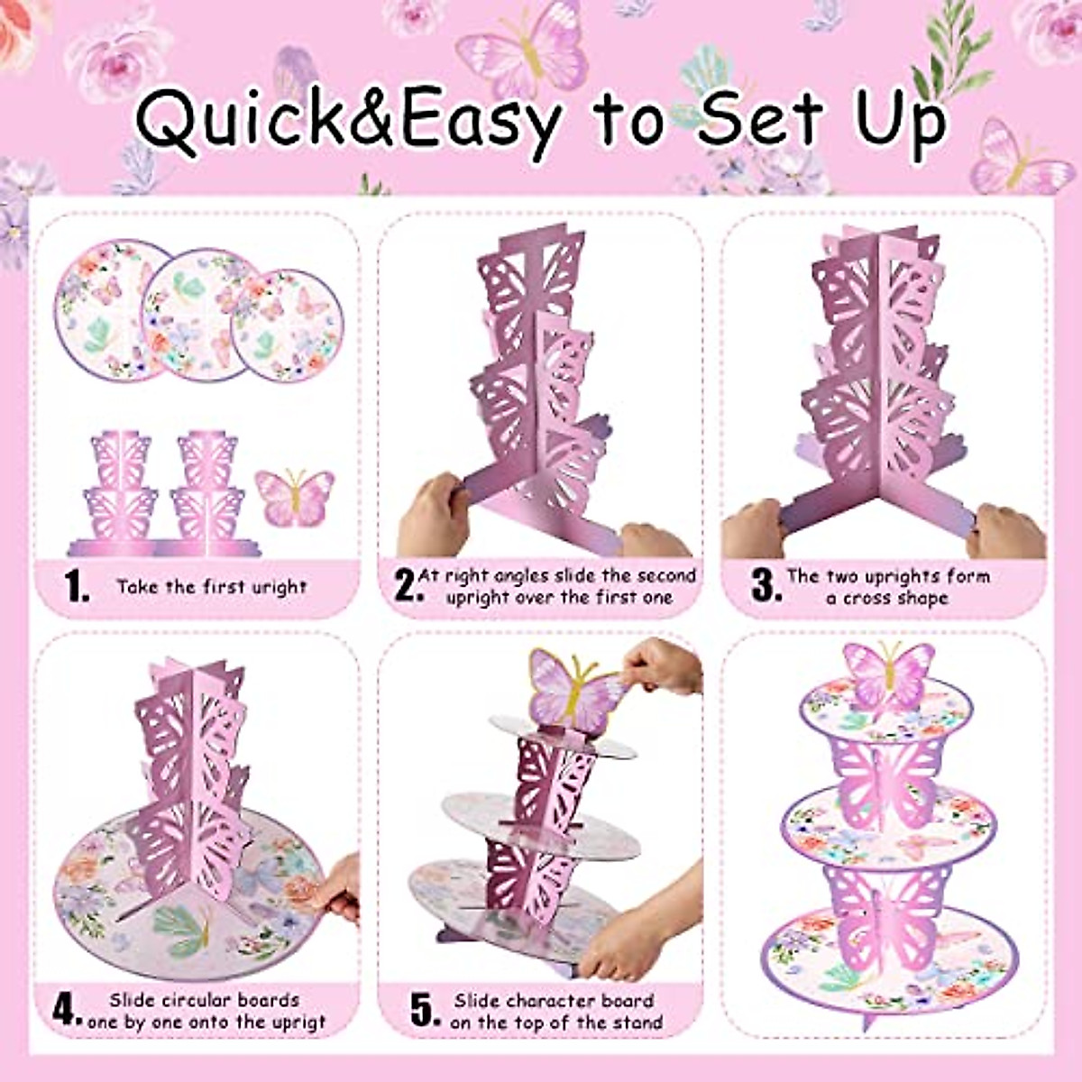 Butterfly Party Cupcake Stand for Girls Pink 3-Tier Cake Stand Baby Shower Spring Butterfly Birthday Party Table Cake Holder Decorations for Kids Cupcake Stands Butterfly Theme Decorations Supplies