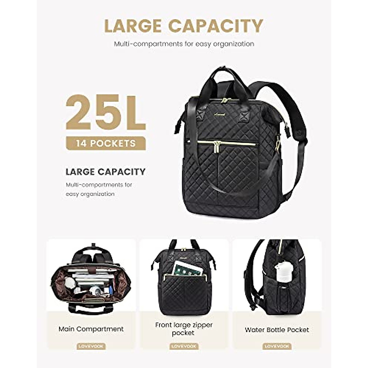 LOVEVOOK Laptop Backpack for Women Wide Open Computer Work Bag Business Travel Backpack Quilted Convertible Tote Backpack Purse 15.6 Inch Teacher Nurse Computer Laptop Bag with USB Port, Black