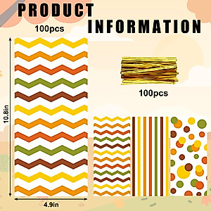 Whaline 100Pcs Thanksgiving Cellophane Treat Bags Colorful Stripe Wave Dot Plastic Gift Bags Fall Candy Goodie Bags with Twist Ties for Autumn Thanksgiving Party Cookie Snack Packing Supplies