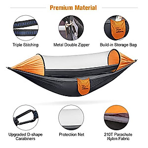 Outerman Camping Hammock with Mosquito Net, Portable Single Hammock with Tree Straps, Easy Setup, Lightweight Nylon Parachute Hammocks for Indoor, Outdoor, Backpacking, Travel, Patio, Hiking (Gray)