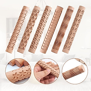 6Pcs Clay Modeling Pattern Rollers, Large Texture Rollers for Clay Wooden Handle Pottery Tools Snowflakes Stars Wood Wave Pattern Clay Rolling Pottery Ceramic Carved Tools for DIY Handcrafts (B)
