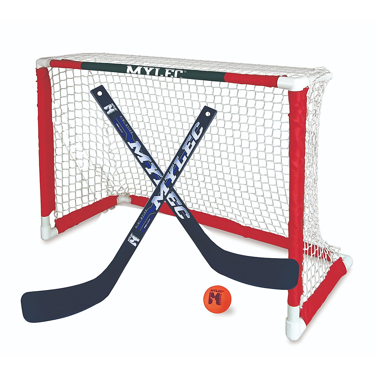 Mylec MINI Hockey Set - 1 x MINI PVC Hockey Goal (30.5" x 23"), 2 x Plastic MINI Player Sticks (Left and Right), 1 x Hockey Foam Ball, Lightweight, Sleeve Netting System (Red, 3 Pounds)