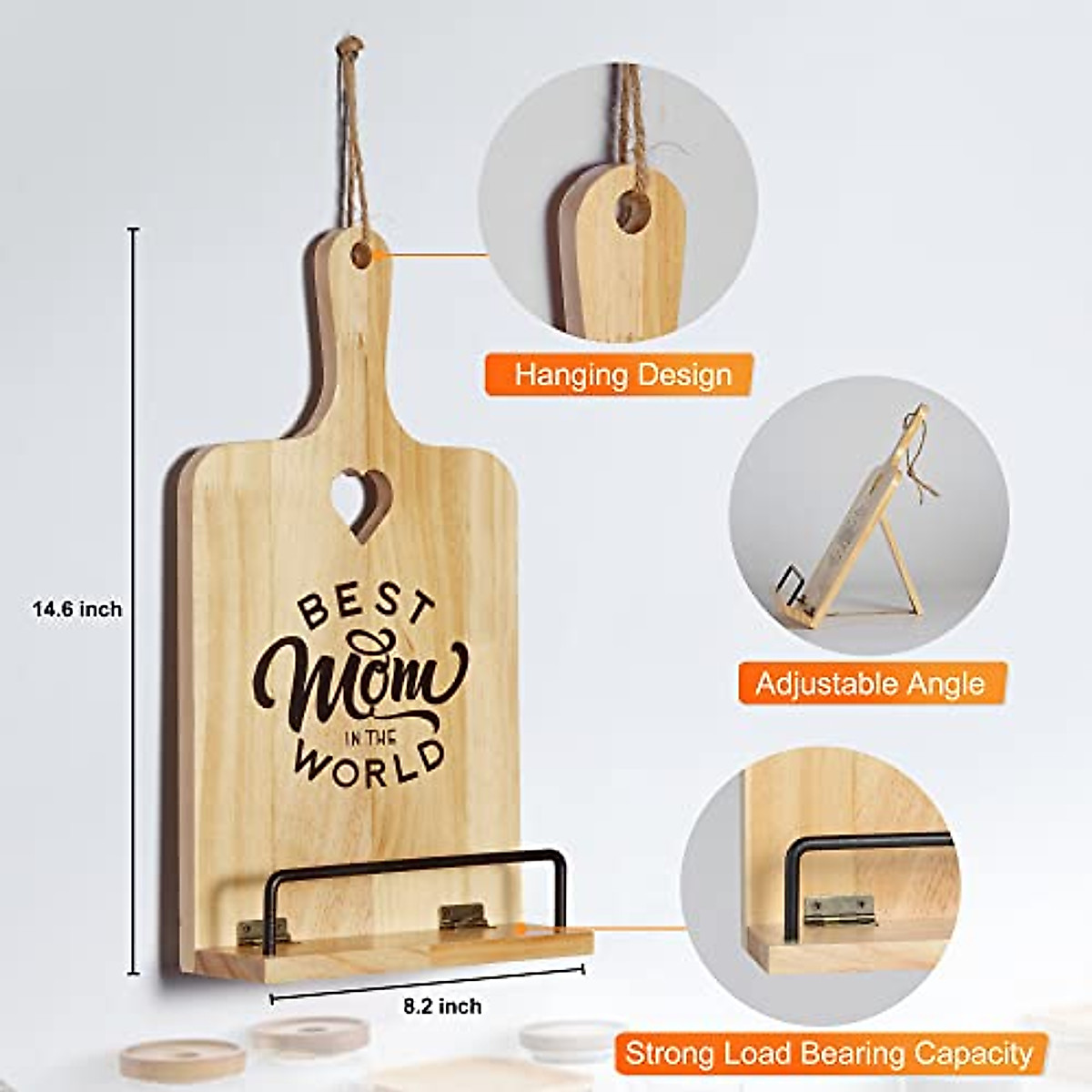 Gifts for Mom - Mother's Day Gift for Mom from Daughter or Son - Wood Cookbook Stand Adjustable Personalized Christmas Gift for Mother, Women