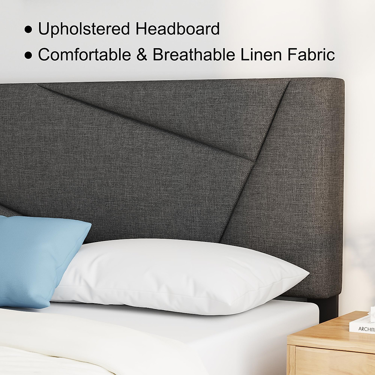 Generic Queen Bed Frame Upholstered Platform with Headboard, Linen Fabric Wrap, Strong Frame and Wooden Slats Support, Easy Assembly No Box Spring Needed,Non-Slip and Noiseless, E Dark Grey