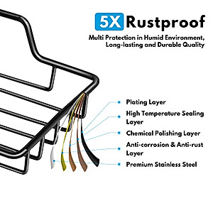 Rainspire Soap Dish Holder, No Drilling, 304 Rustproof Stainless Steel, Wall Mounted Soap Holder Soap Tray Bar Soap Sponge Holder for Bathroom & Kitchen, Square, Black