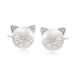 Ross-Simons 8-8.5mm Cultured Pearl Cat Earrings with Diamond Accents in Sterling Silver
