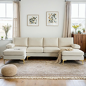 VINGLI 110" Modern U Shaped Sectional Couch with 51"D Double Chaise for Living Room, Beige Deep Seat Sectional Sofa Sets with 5.9" Thickness Seating Padding for Home Furniture,Linen Fabric,Metal Legs