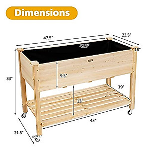 Giantex Raised Garden Bed on Wheels, Wood Planter Box with Legs, Liner, Drain Holes, Elevated Garden Bed for Vegetables, Standing Garden Container for Backyard, Patio, 47.5" LX 23.5" WX 33" H
