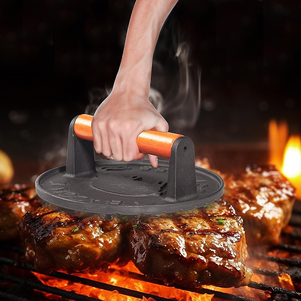 vivicreate 7 inch Burger Smasher,Patty Smasher,Hamburger Smasher Press,Griddle Press, Bacon Press, Grill Press, Burger Press,Meat Press, cast Iron Grill Press, Barbecue Press, with Wooden Handle