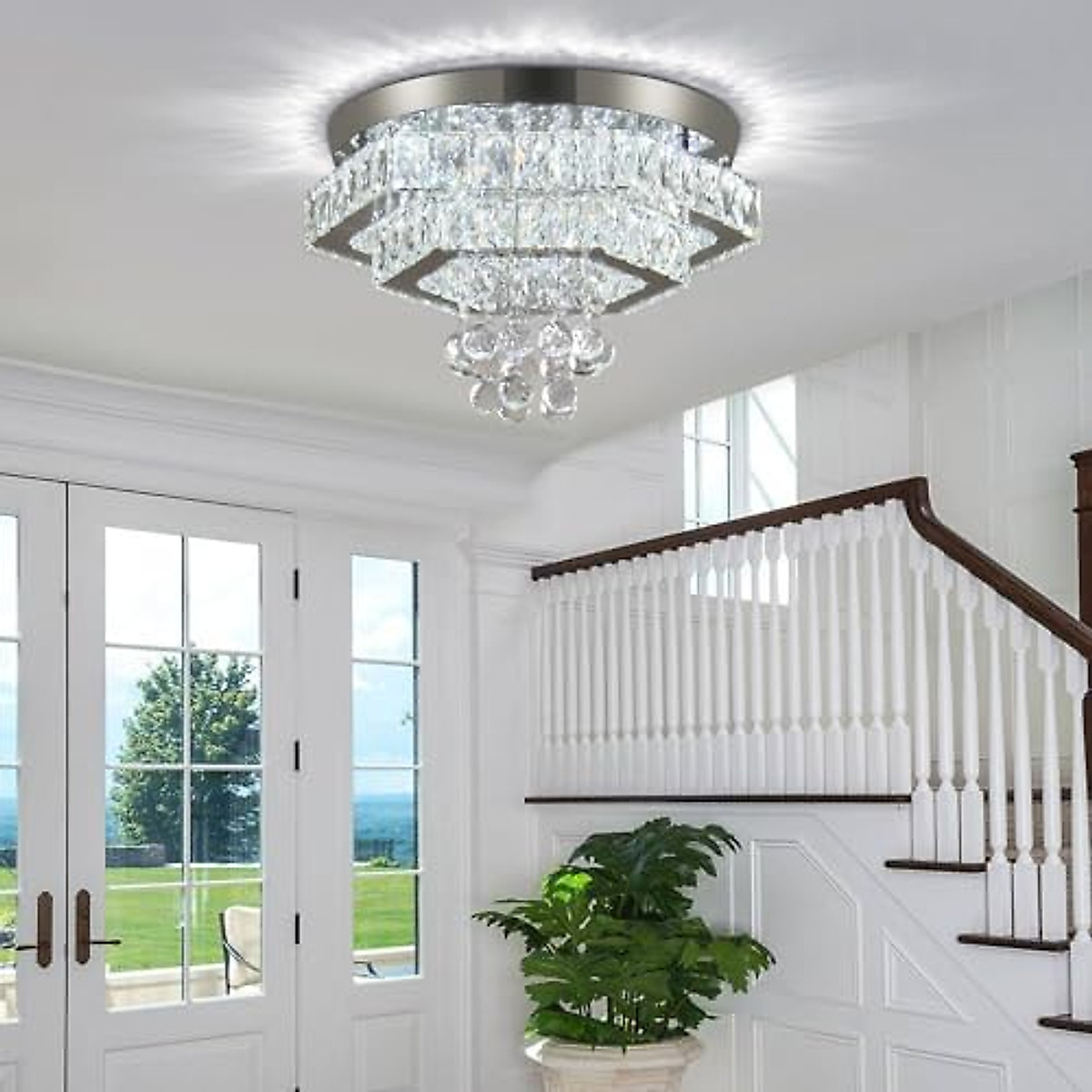 Finktonglan Modern Crystal LED Ceiling Light 2 Layers Flush Mount Fixture Chandeliers Stainless Steel Lamp for Living Room Dining Room Bedroom Hallway