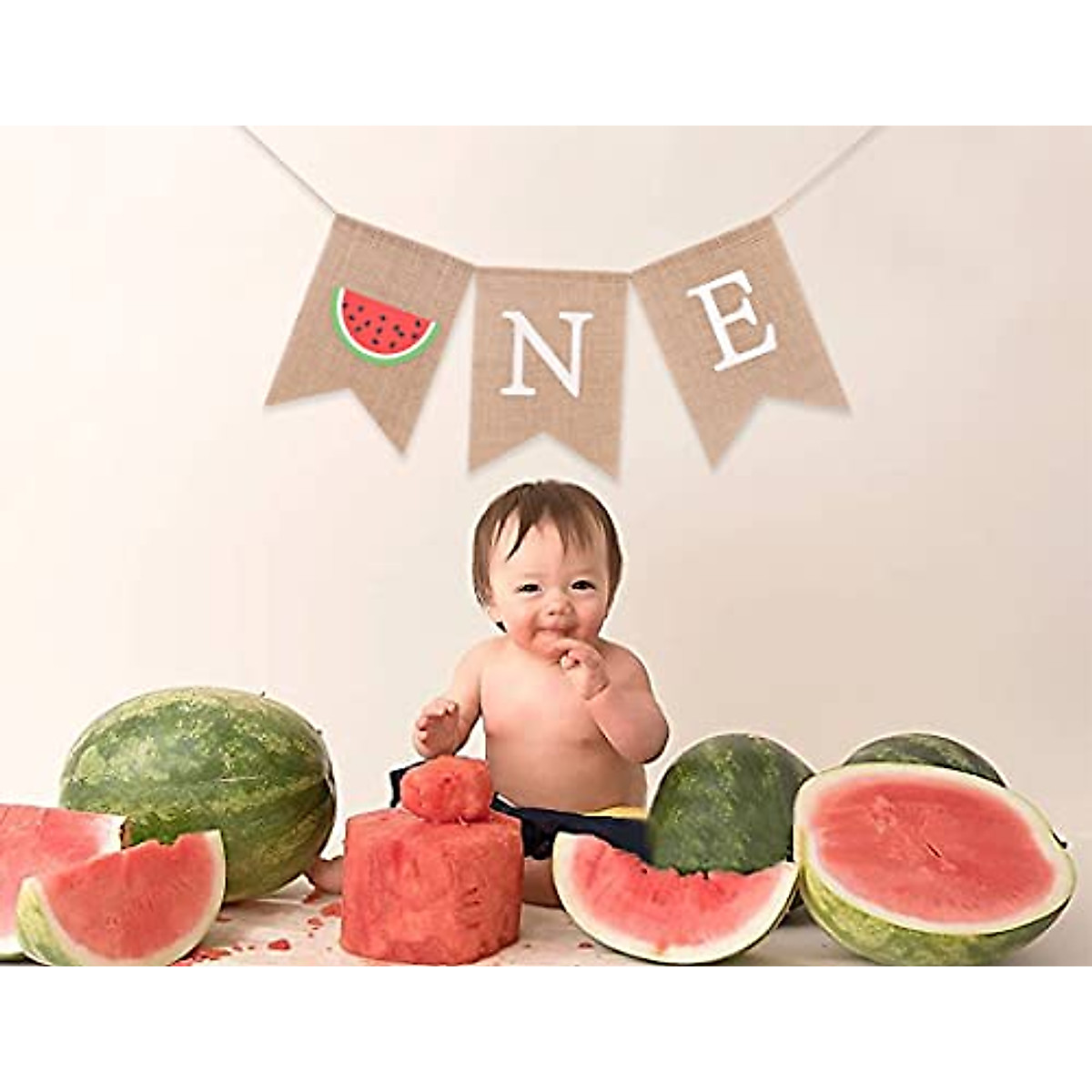 Melon First Birthday Decoration - Watermelon Burlap Highchair Banner - Summer Baby's First Birthday Sign (watermelon+NE)