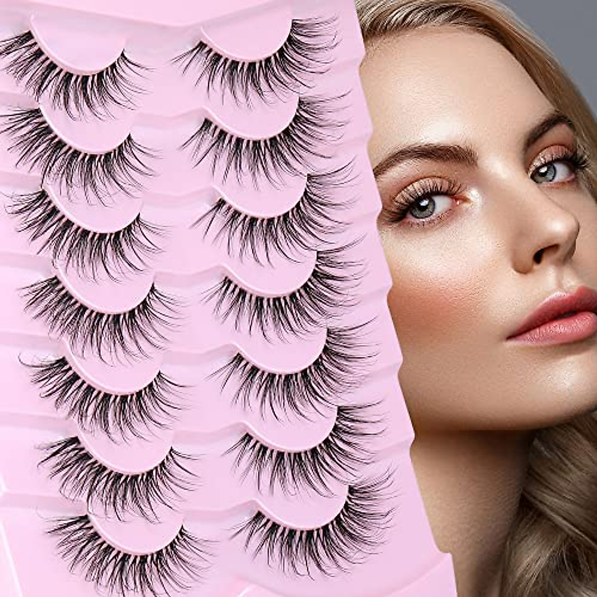 Lashes Natural Look False Eyelashes Wispy Fluffy Lashes Mink Long Curly Fake Eyelashes Cat Eye Lashes with Clear Band 7 Pairs Pack by GVEFETIEE