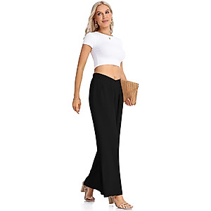 UEU Women's Wide Leg Lounge Pants with Pockets Lightweight Crossover Elastic High Waisted Loose Trousers (Black, L)