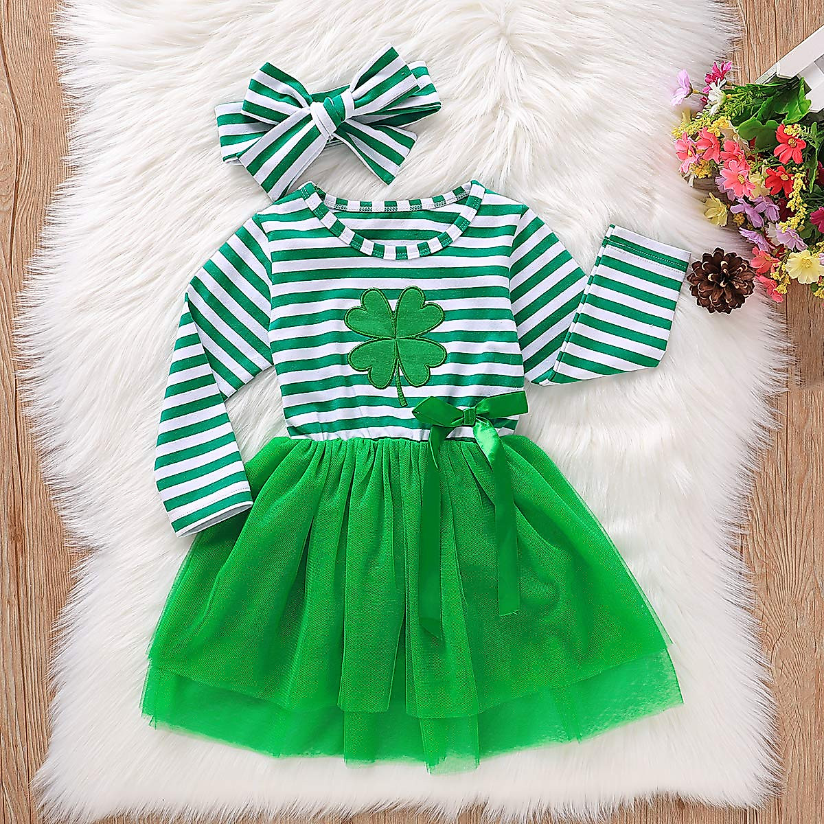 St. Patrick´s Day Toddler Girl Outfit Clover Long Sleeves Dress Clothes + Headband (Green, 4-5T)
