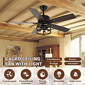 Farmhouse Rustic Ceiling Fans With Lights, Outdoor Ceiling Fan For Patios With Light, 52 In Industrial Ceiling Fan 5 Blade Large Airflow Dual Finish Wood Blades Ceiling Fan, Reversible Dc Quiet Motor