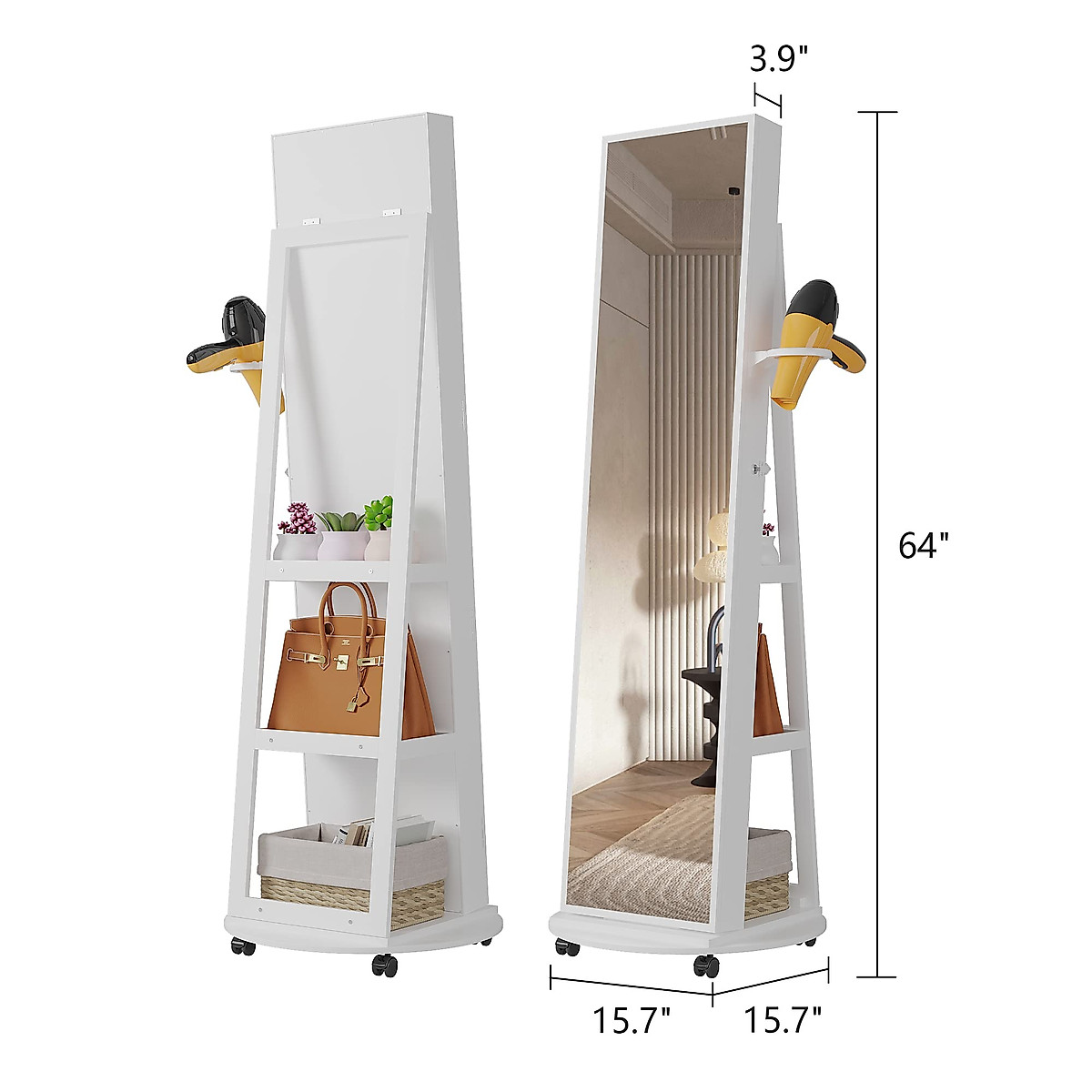 HNEBC 360° Swivel Jewelry Armoire with Mirror, LED Mirror Jewelry Cabinet Standing, Full Length Mirror with Jewelry Storage, Standing Jewelry Organizer/Lockable Wheels/Foldable Makeup Shelf (White)