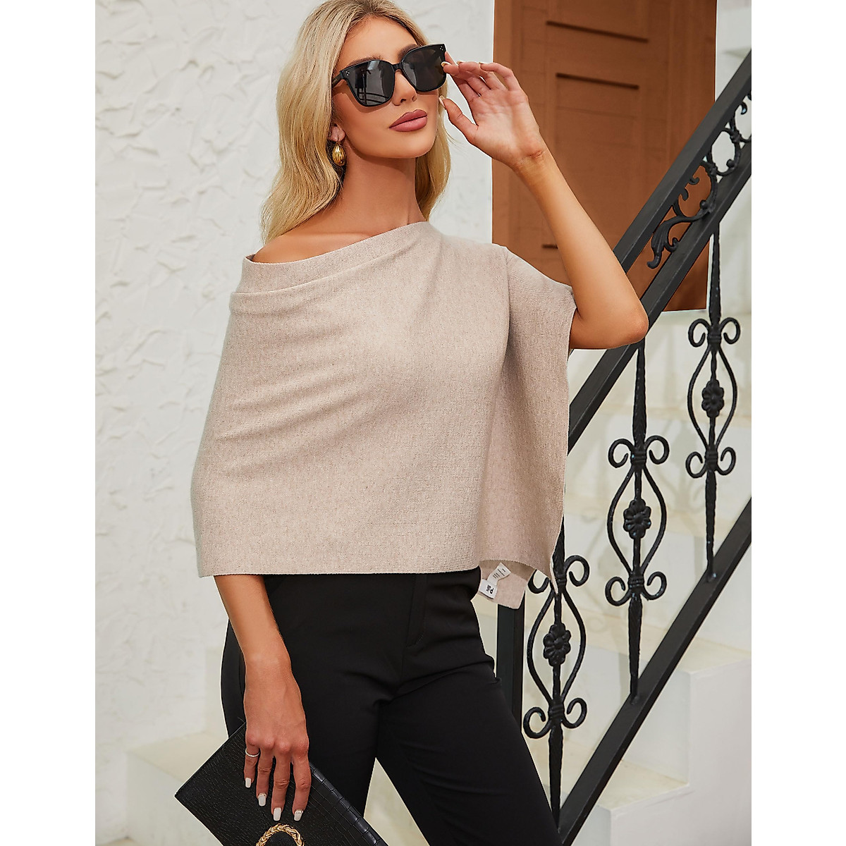 PULI Women Capri Poncho Sweater Cropped Versatile Shawl Soft Knit Shawl Wraps Cowl Neck Ponchos Short Tops Barley Twist