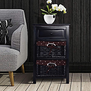 Giantex Wooden Nightstand 3 Tiers W/ 2 Baskets and 1 Drawer Bedside Sofa Storage Organizer for Home Living Room Bedroom End Table (1, Black)