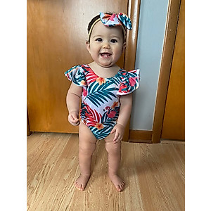 MINIFEIKO Toddler Baby Girl Tropical Swimsuit Newborn Girls One Piece Ruffle Bathing Suit with Headband Summer Bikini Swimwear for Infant Girls(Palm Leaf,12-18 Months)