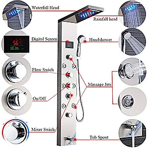 FUZ Contemporary Shower Panel Tower System Stainless Steel 6-Function Faucet LED Rainfall Waterfall Shower Head + Handheld Sprayer + Rain Massage Body Jets + Tub Spout,Brushed Nickel