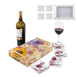 Resin Tray Molds Silicone, 13.5" Large Rectangle Deep Tray Resin Mold and 4 Piece Square Deep Coaster Molds, Silicone Tray Board Table Resin Mold & Handles, Floral Preservation Bouquet Resin Mold