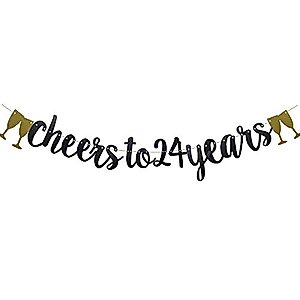 Cheers To 24 Years Banner,Pre-Strung, Black Paper Glitter Party Decorations For 24TH Wedding Anniversary 24 Years Old 24TH Birthday Party Supplies Letters Black ZHAOFEIHN