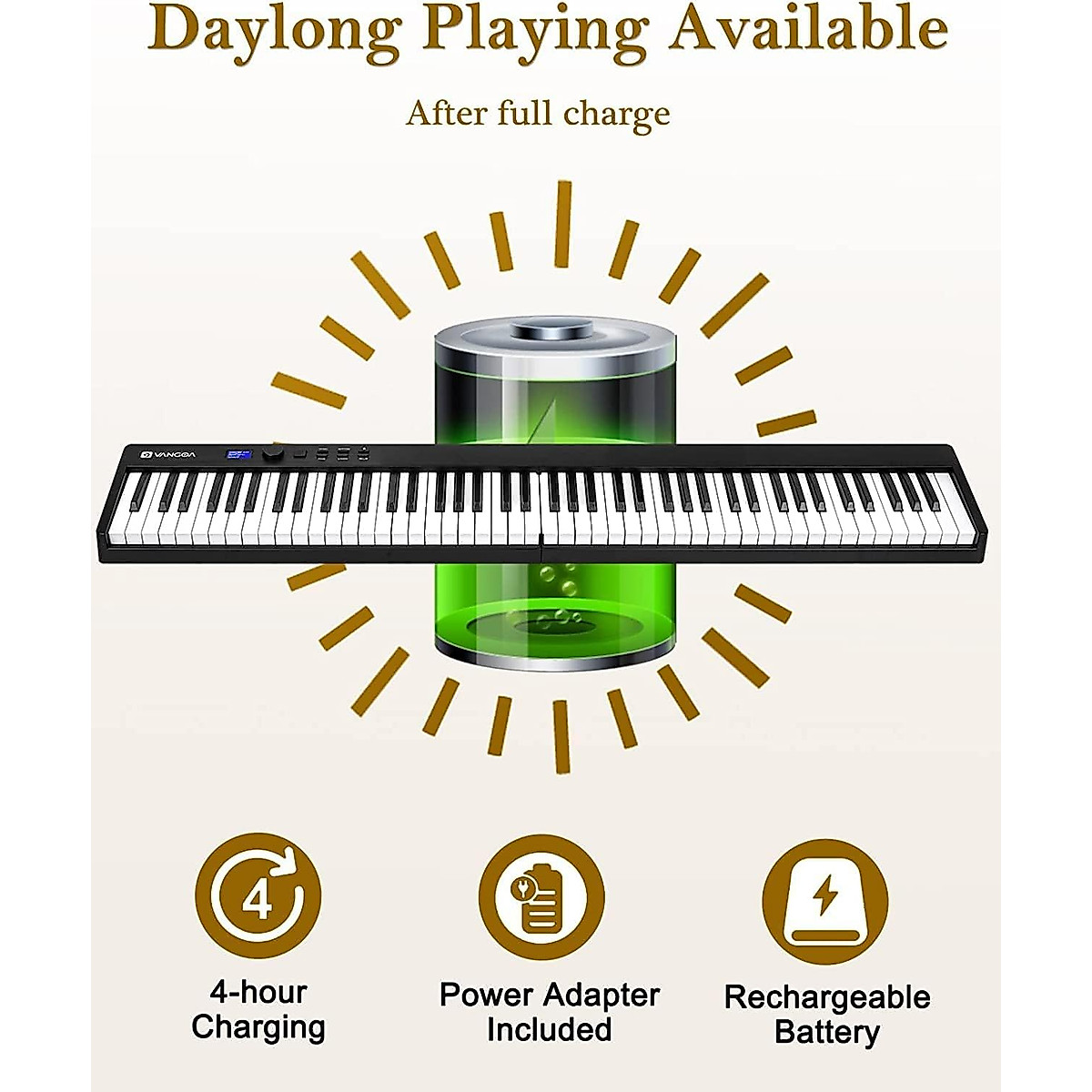 Folding Piano, Portable 88 Key Full Size Foldable Keyboard Piano Semi-Weighted Bluetooth with Light up Keys, Sustain Pedal and Handbag, Black, by Vangoa