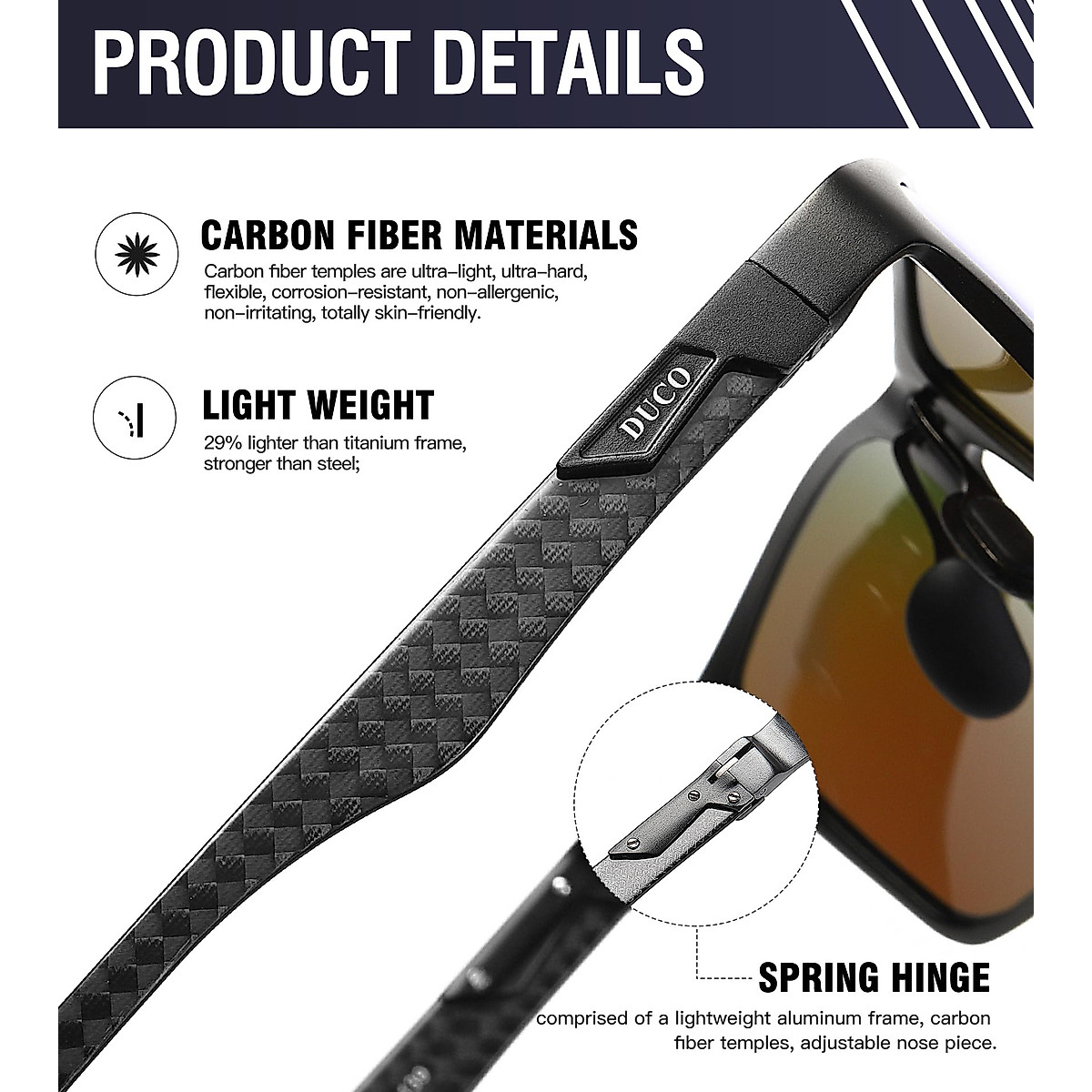 DUCO Mens Sunglasses Polarized Rectangle Sunglass for Men Lightweight Carbon Fiber UV400 Protection 8206