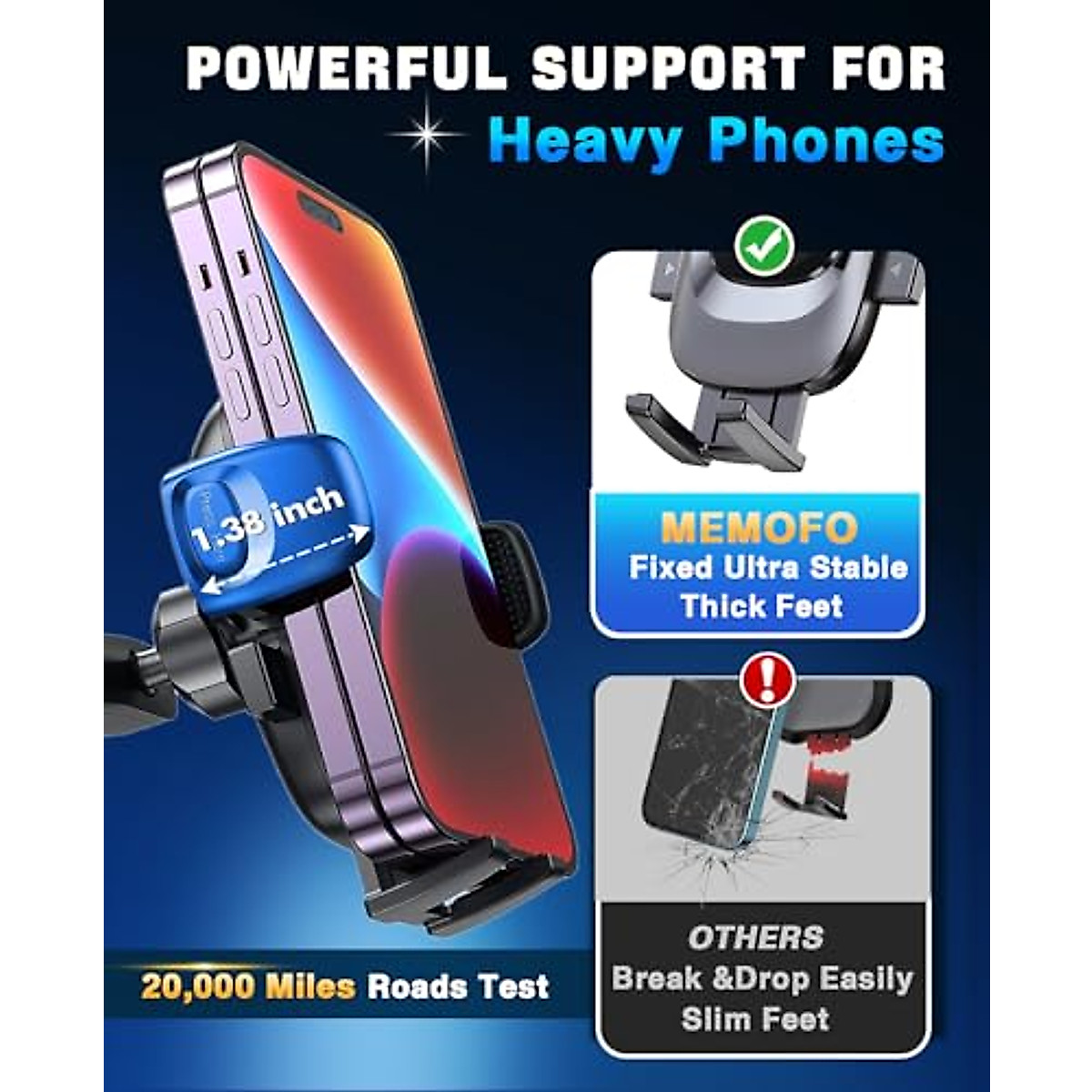 MEMOFO Phone Holders for Your Car【Military Grade Suction Ultra Strong Base】 Phone Mount for Car Windshield Dashboard Air Vent for iPhone, Samsung, Google, Nokia, Other Smartphones