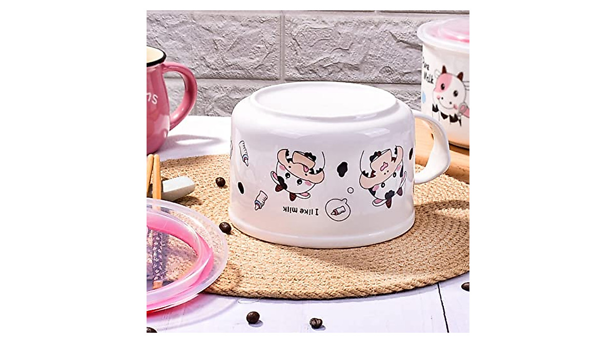 Ceramic Bowl with Lid and Handle,Cute Cows Design,Microwave for Instant ...