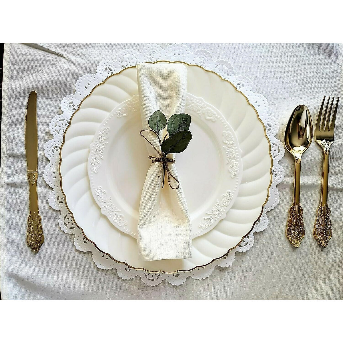 " OCCASIONS " 50 Plates Pack (25 Guests)-Vintage Wedding Party Disposable Plastic Plate Set -25 x 10.25'' Dinner + 25 x 7.5'' Salad/dessert plates (Blossom Ivory & Gold)