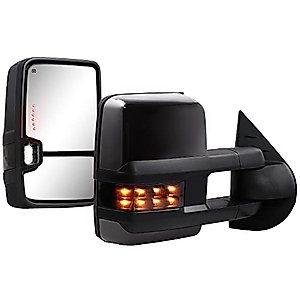 Towing Mirrors Bright Black for 2007-2013 Chevy Silverado Suburban Tahoe Avalanche GMC Sierra Yukon with Power Glass Turn Signal Light Backup Lamp Heated Extendable Pair Set (Black Paint 8555)